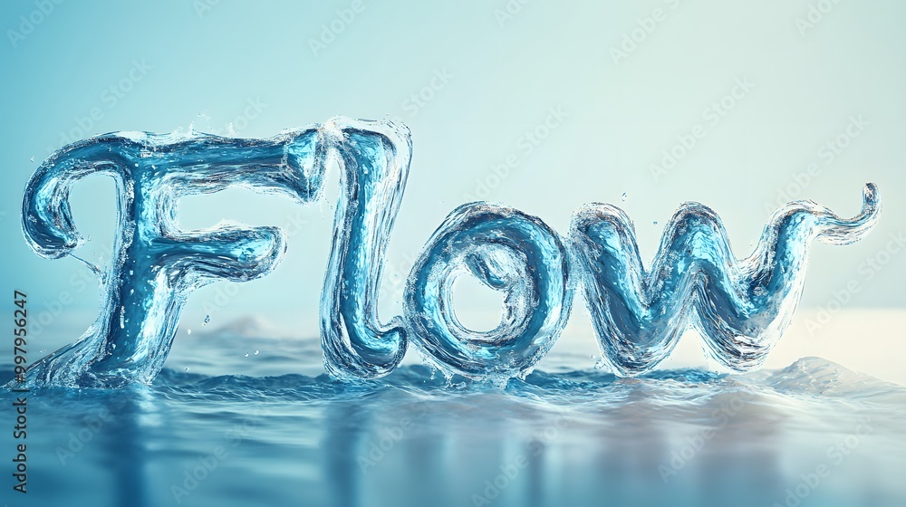 Realistic 3D water typography spelling "flow" with splash effects on a ...