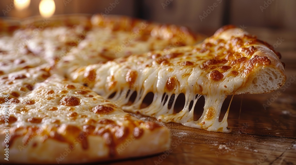 Cheesy mozzarella pizza slice under the gentle glow of natural sunlight ...