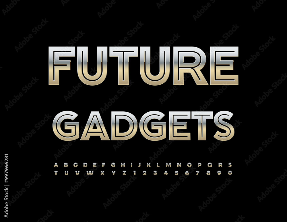 Vector modern poster Future Gadgets. Trendy Silver Font. Steel Alphabet ...