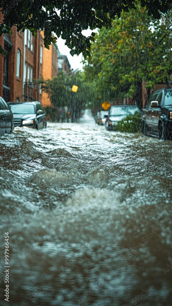 Flooded city street during torrential rain, showcasing rising water ...