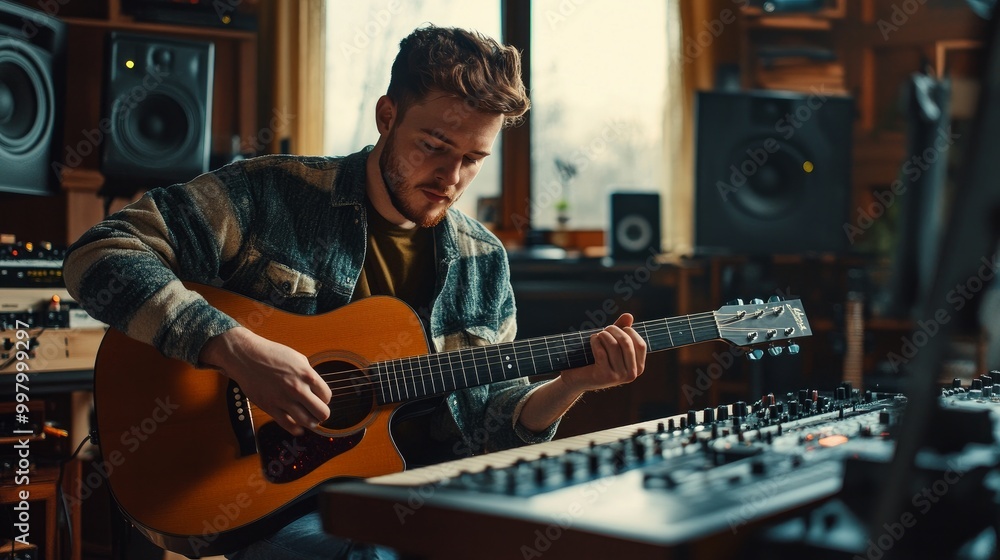 Professional musician in a control room at a professional studio ...