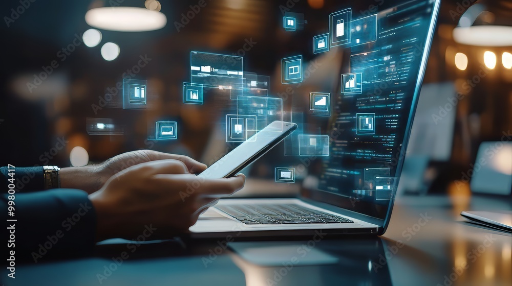 File transfer, data migration, transmission, sending to computer, icons ...