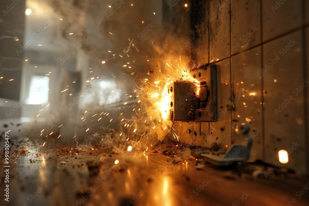 dramatic close-up shot of an electric short circuit causing a fire on a ...