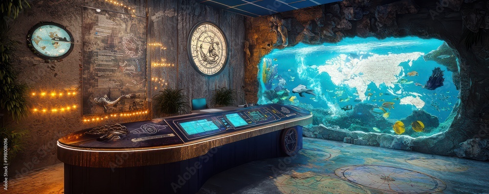 Home office with a deep-sea explorer theme, featuring a desk that ...
