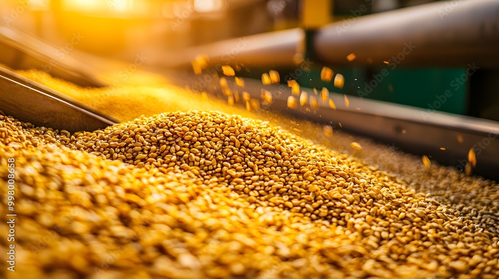 Industrial machines processing grains in a food production facility ...