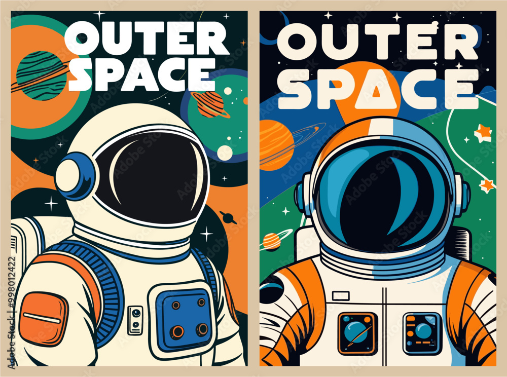 Astronaut in space retro Posters, backgrounds, covers vector set. Space ...