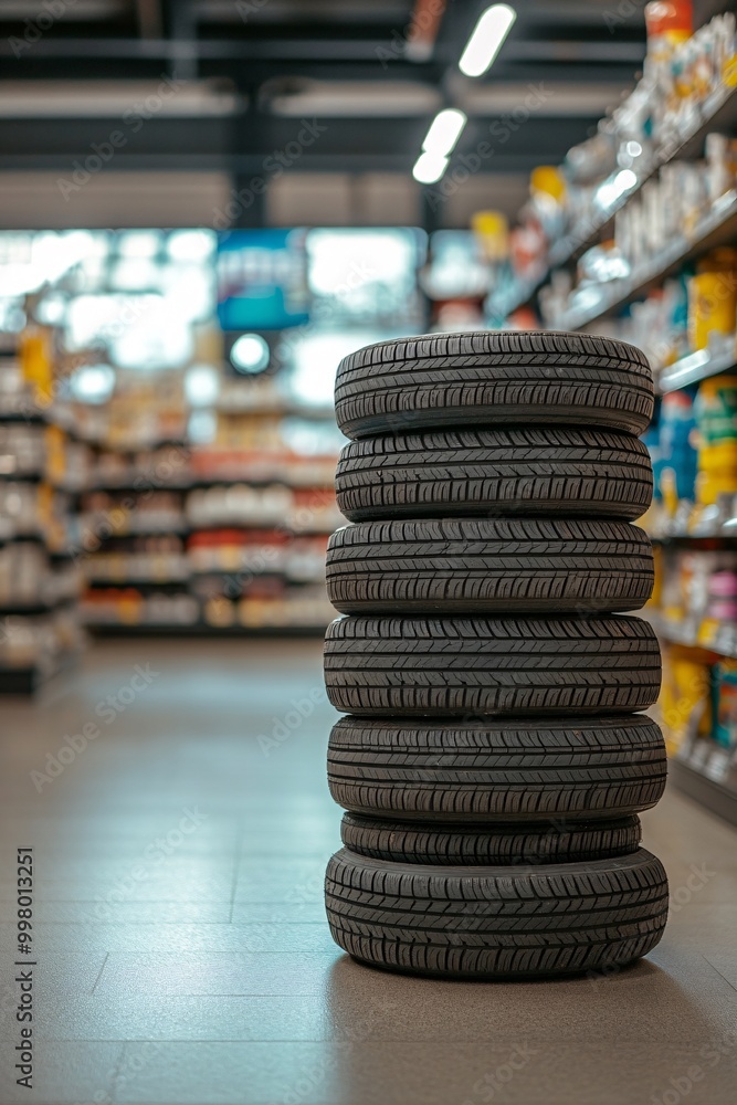 Blurry background of new car tires stacked in a car service store or ...