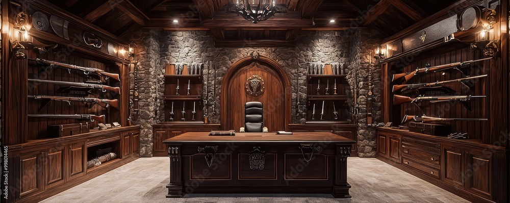 Home office with a medieval armory theme, featuring weapons displays ...