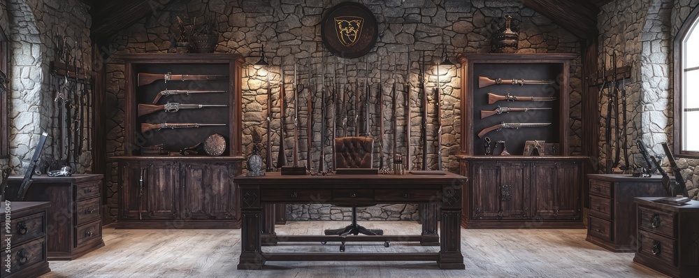 Home office with a medieval armory theme, featuring weapons displays ...
