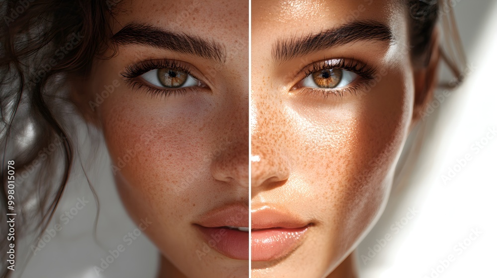 Digital split image before with dull, oily skin and after with fresh ...