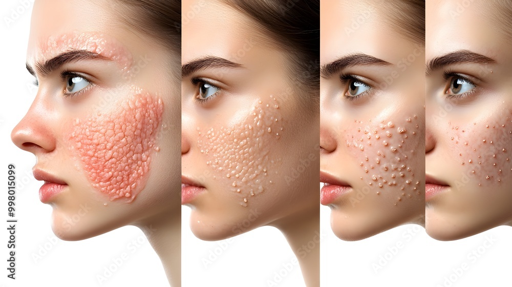 Acne treatment journey infographic inflamed red skin, topical cream ...