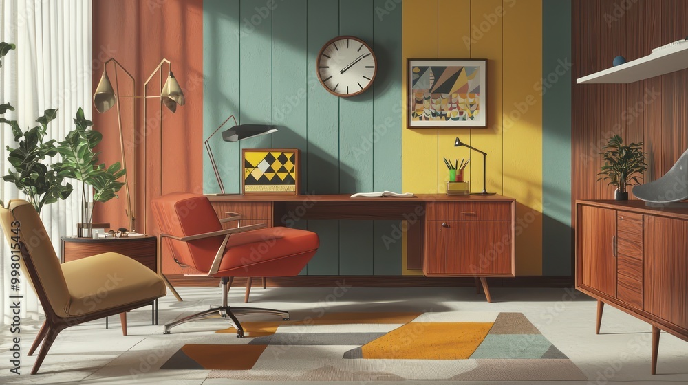 Home office with a mid-century modern theme, featuring vintage ...