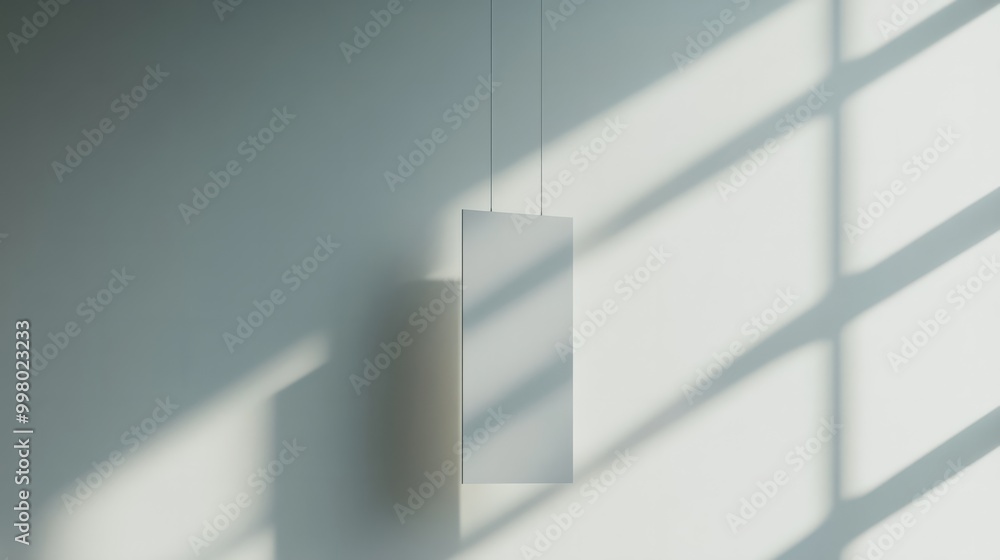 hanging rectangular signs cast shadows on a wall bathed in sunlight ...