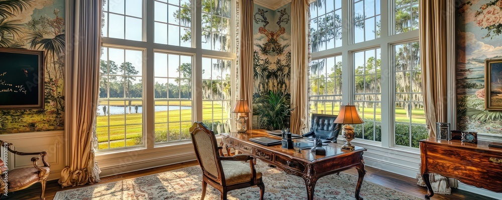 Home office with a southern plantation theme, featuring tall windows ...