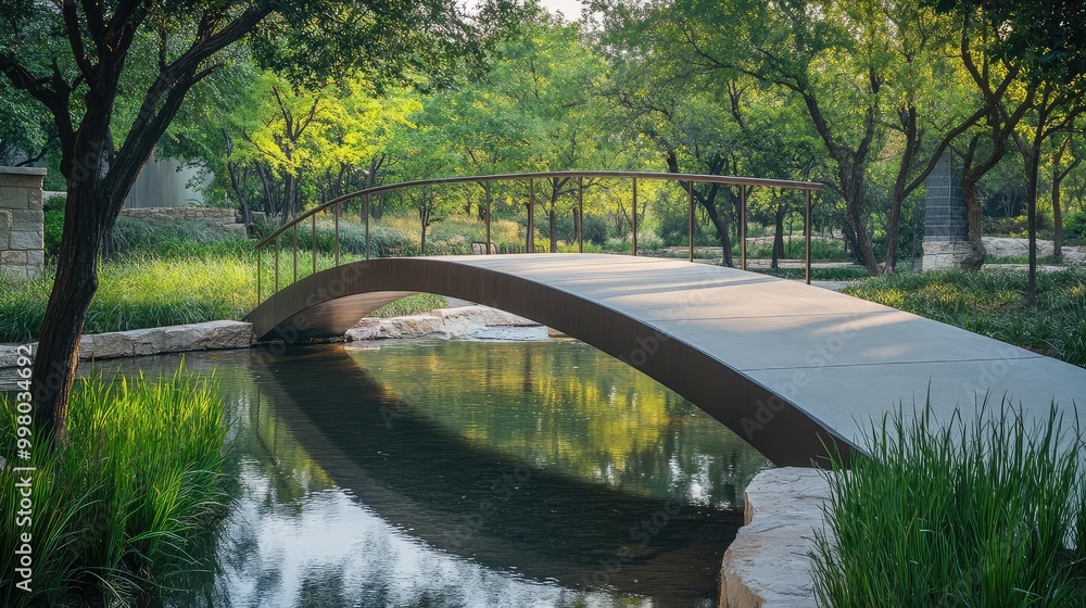 A smooth pedestrian bridge, with a subtle curve and minimalist supports ...