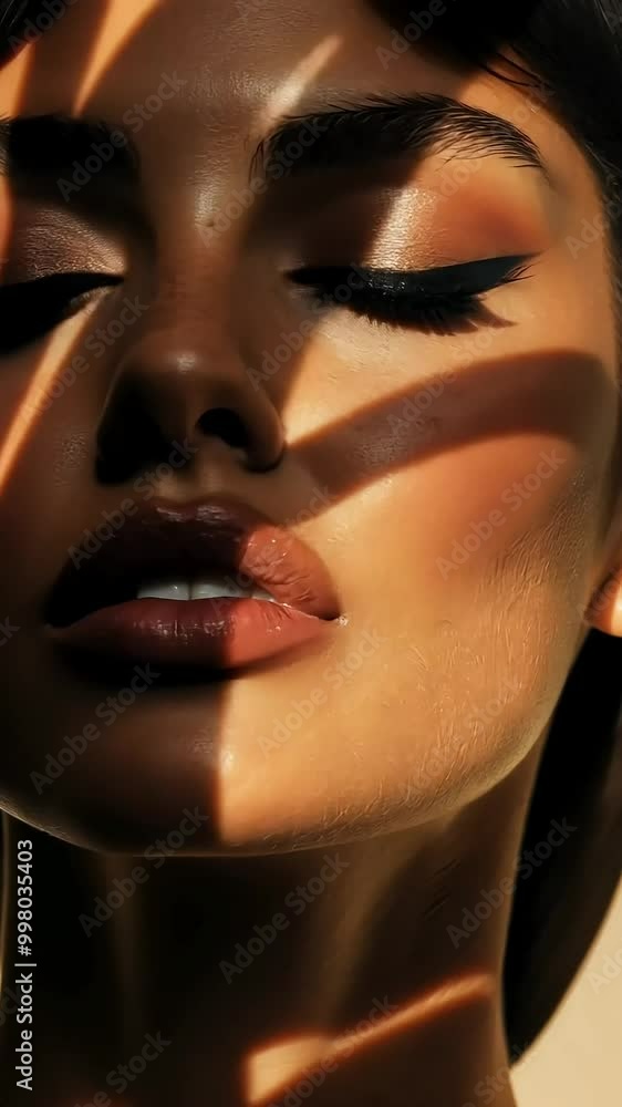 Model with flawless makeup poses with intricate shadows from a plant ...