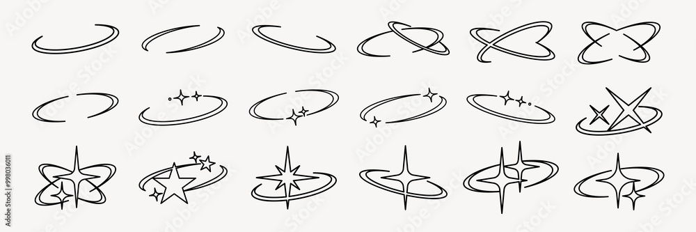 Star orbit set vector. Y2k star sparkle outline icon. Space cosmos galaxy star icons. Star ...