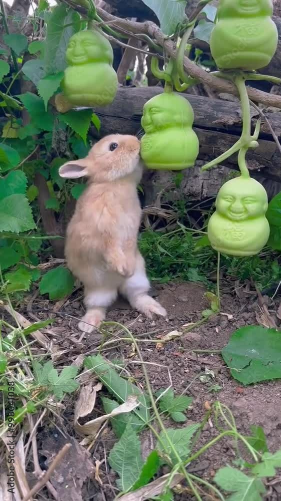 The video shows a small, brown bunny rabbit standing on its hind legs ...