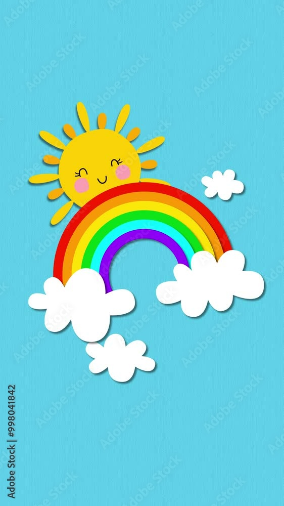 rainbow and sun and clouds on blue sky, kids cute and happy daytime ...