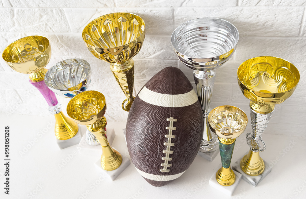 Sports, award and trophy at court for success, winner or achievement ...