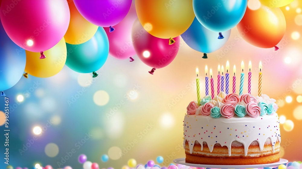 Colorful Birthday Party Scene with Balloons and Candlelit Cake in ...
