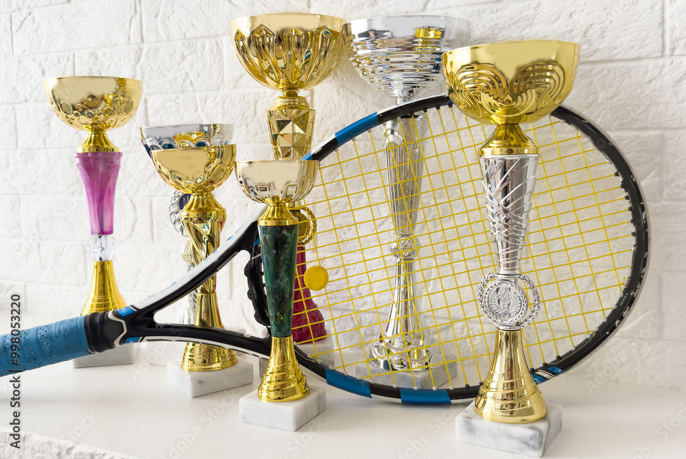 Sports, award and trophy at court for success, winner or achievement ...