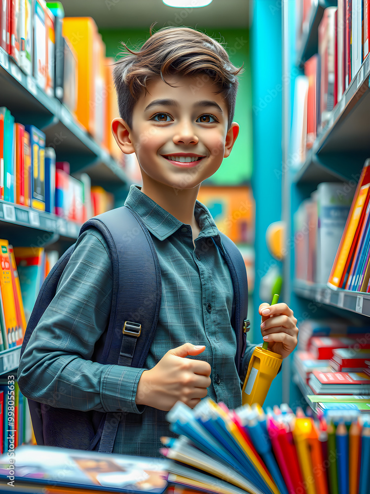 School boy holds markers, stationery store, books ready for school ...