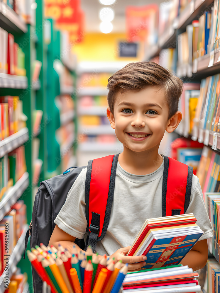 School boy holds markers, stationery store, books ready for school ...