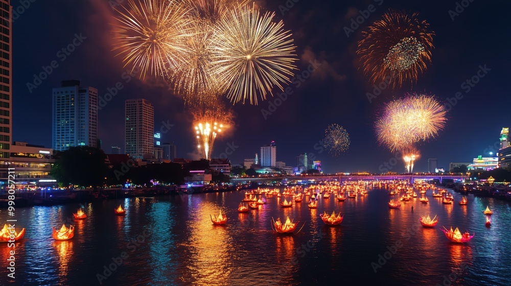 Spectacular display of fireworks over river filled with floating ...