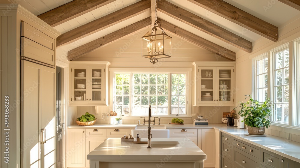 A cottage style kitchen with beamed ceilings, a farmhouse sink, and ...