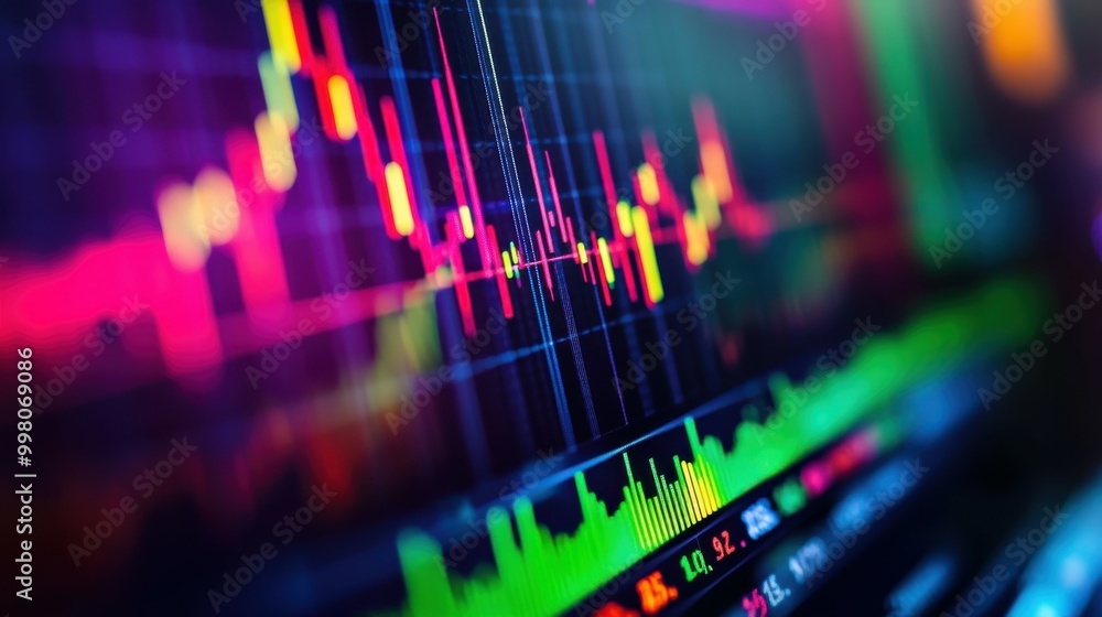 Vivid close-up of a monitor displaying real-time stock market data ...