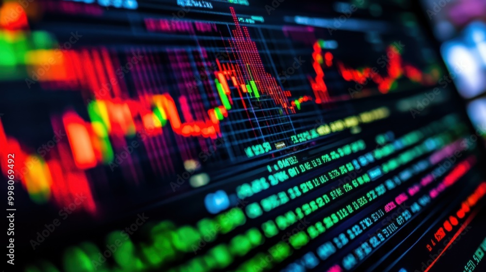 Vivid close-up of a monitor displaying real-time stock market data ...