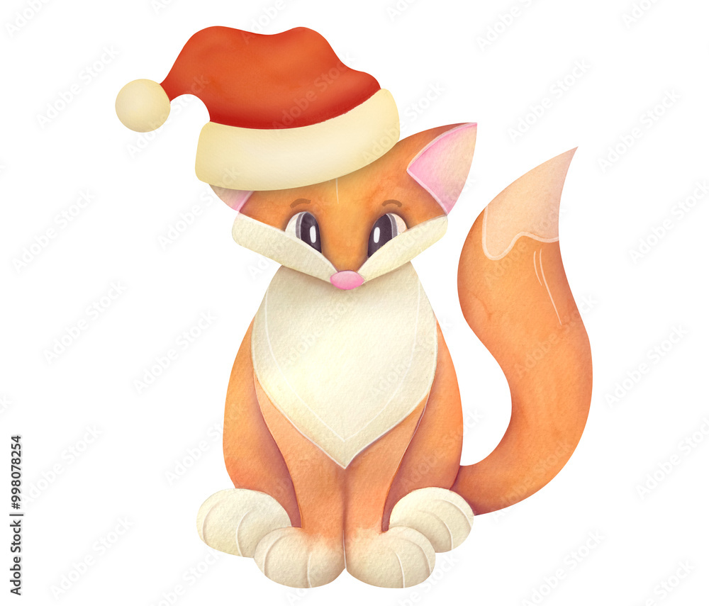 happy holiday watercolor card with fox in red Santa Claus hat. new year ...