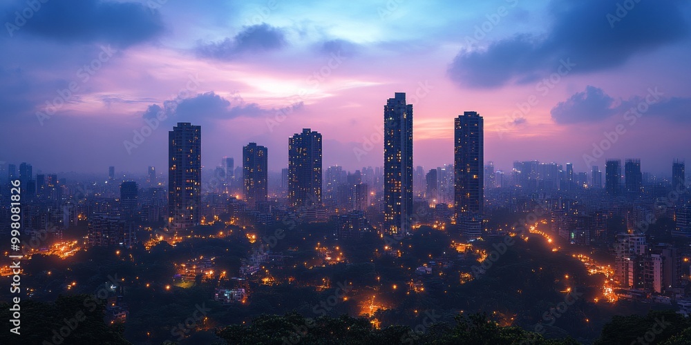 evening night sky of Mumbai city, high sky rises, modern buildings ...
