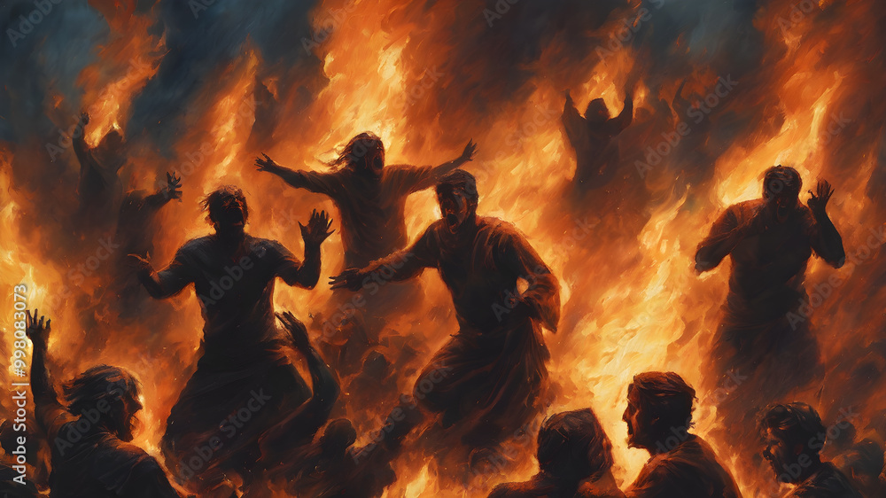 A painting of hell of suffering and eternal damnation. partially ...