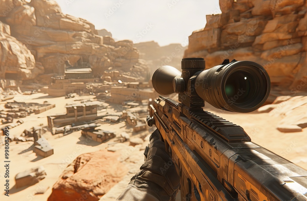 First-person shooter Video Game in a post-apocalyptic desert setting ...
