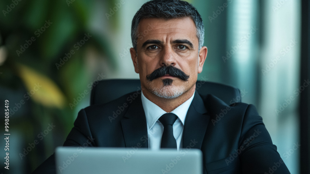 Mature man with a thick black mustache wearing a formal suit sitting at ...