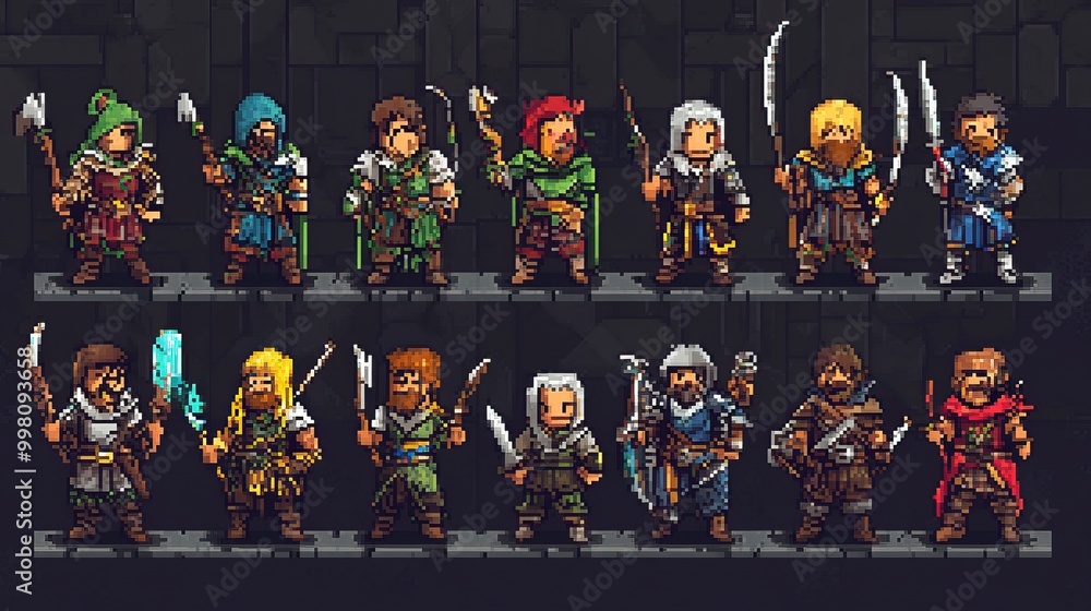 Poster Various pixel art fantasy characters with different weapons and ...