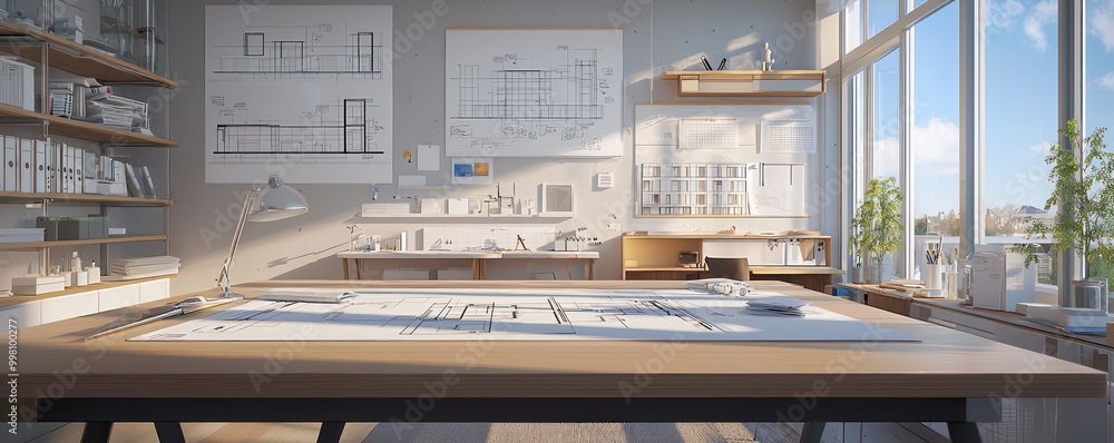 A modern architecta??s office with a large drafting table, wall-mounted ...