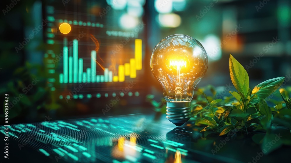 Green new deal: double exposure of light bulb and data chart ...