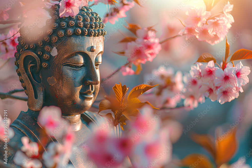 Beautiful greeting card with ancient statue great Buddha to bright ...