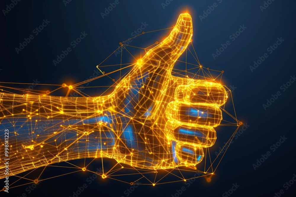 Digital thumb up icon in low poly design on blue background, customer ...