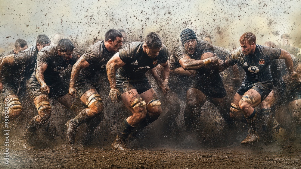 Rugby scrum in the mud: A powerful image depicting the intensity of a ...