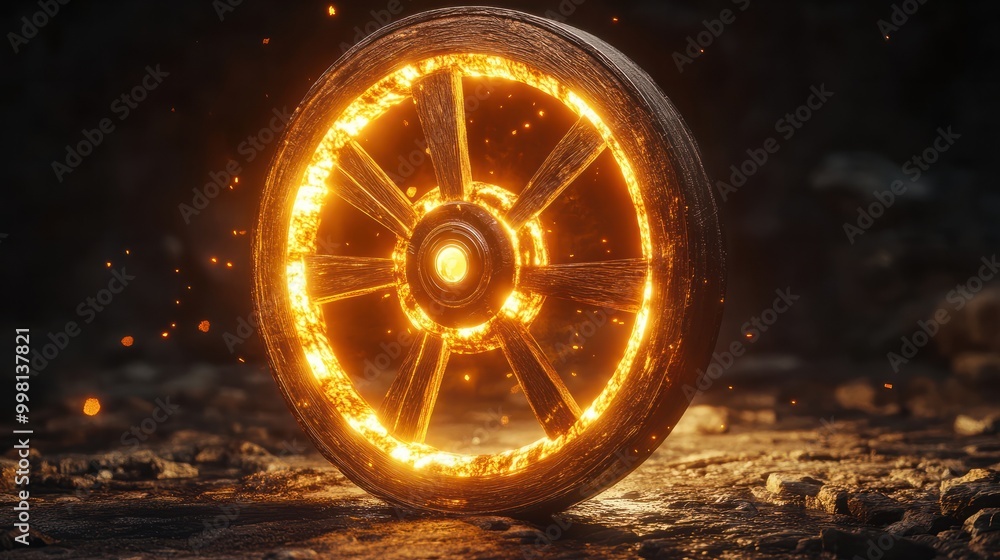 3D render of an old, wooden cartwheel evolving into a high-tech ...