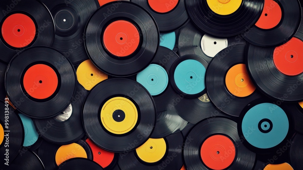 A collection of vintage vinyl records from different countries is displayed in a museumlike ...