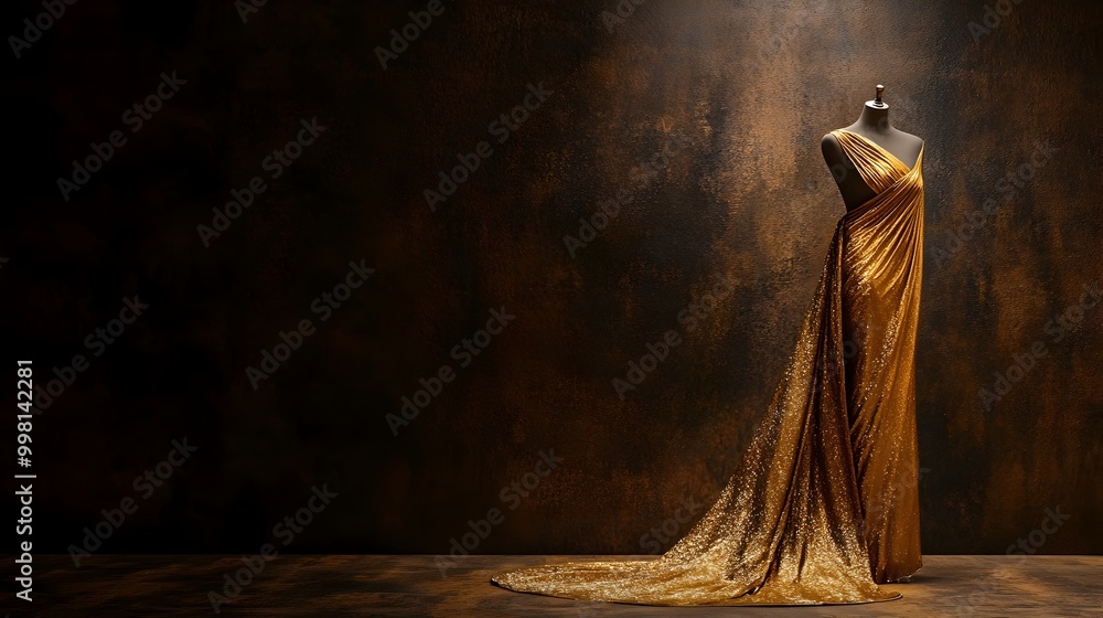 A captivating shimmering gold dress draped elegantly on a mannequin ...