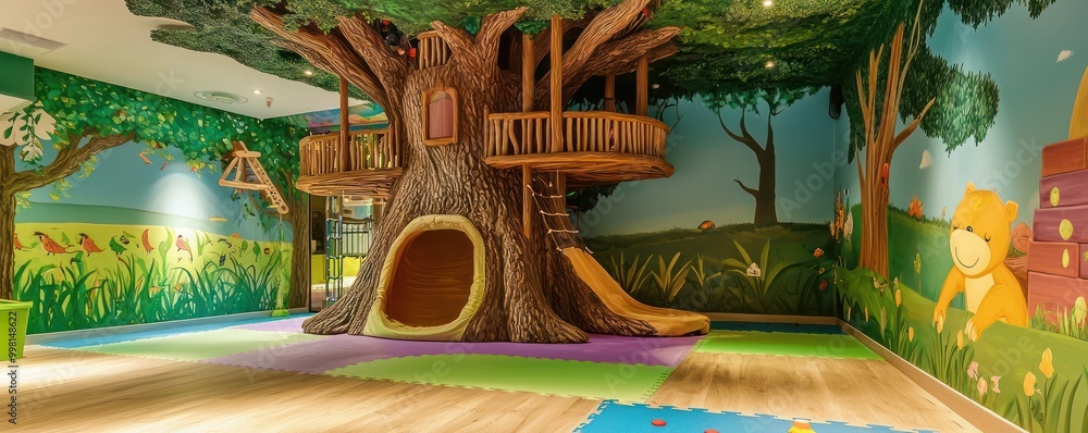 A whimsical childrena??s playroom with a giant indoor treehouse, walls ...