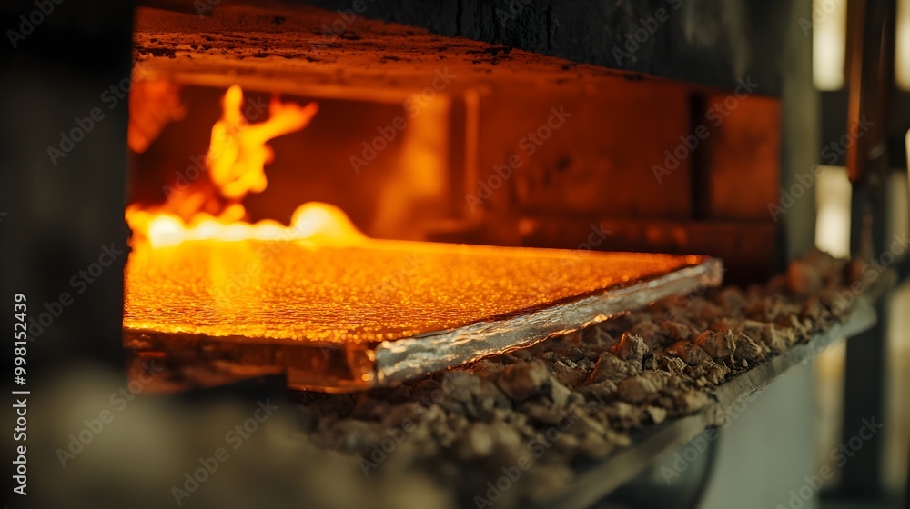Closeup view of molten glass being shaped and stretched into flat ...
