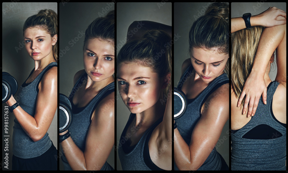 Woman, collage and dumbbell in studio for exercise, weightlifting and ...