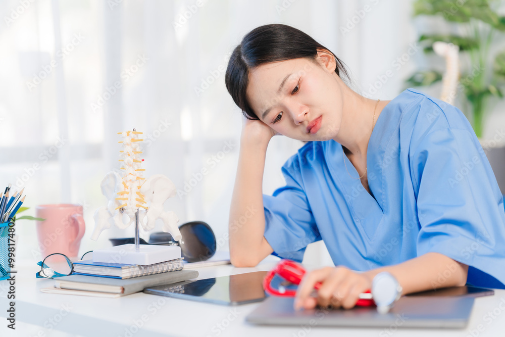 Overwhelmed Healthcare Professional: A young Asian female doctor or ...